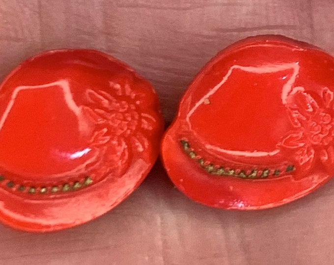 Antique/vintage Red Glass Buttons, Shaped as Hats With Band and Flowers ...