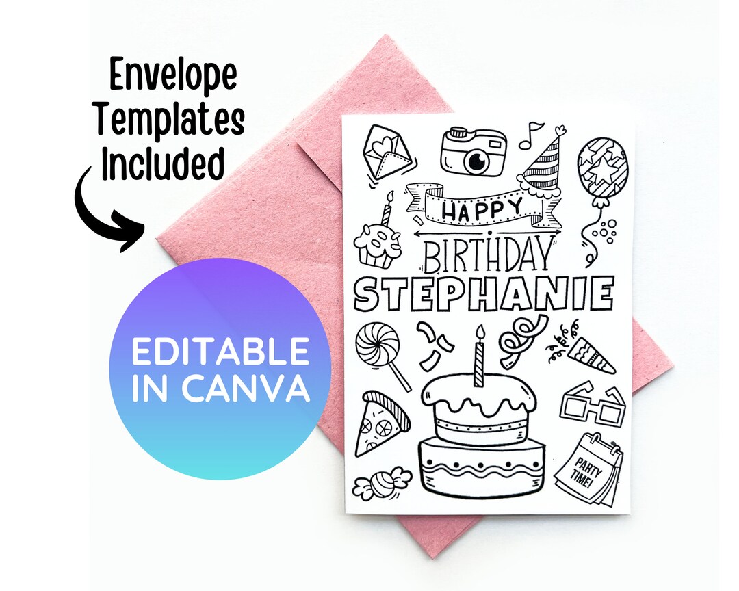 Personalized Happy Birthday Coloring Card INSTANT DOWNLOAD. Editable ...