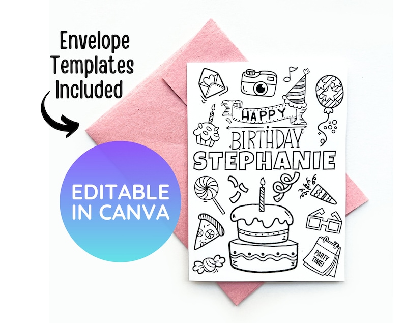 Personalized Happy Birthday Coloring Card INSTANT DOWNLOAD. Editable ...