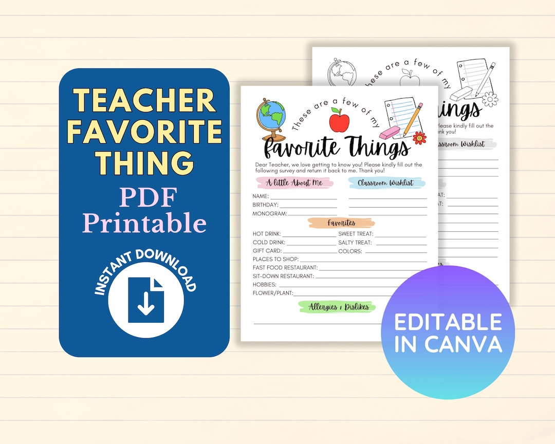 EDITABLE Teacher Favorite Things Printable. INSTANT DOWNLOAD. Favorites ...