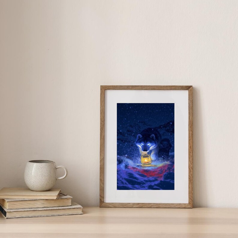 Guardian Wolf Print, Husky Lantern Wall Art, Fantasy Winter Poster ...