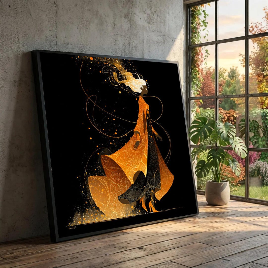 Black Woman Abstract Art, Golden Dress Fashion Illustration Print, Afro ...