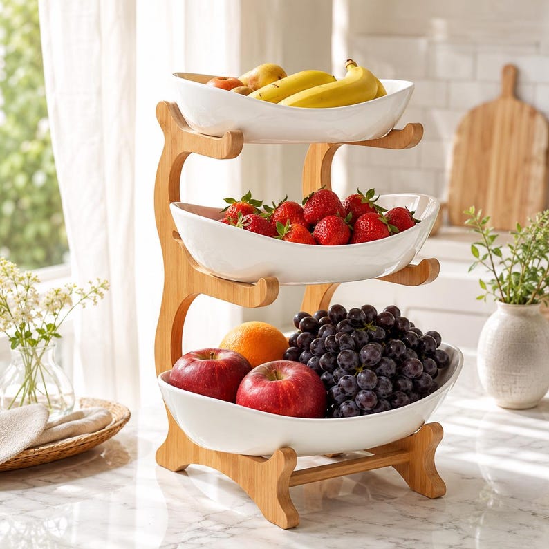 3 Tier Fruit Basket Stand, Wood Ceramic Countertop Organizer, Farmhouse ...