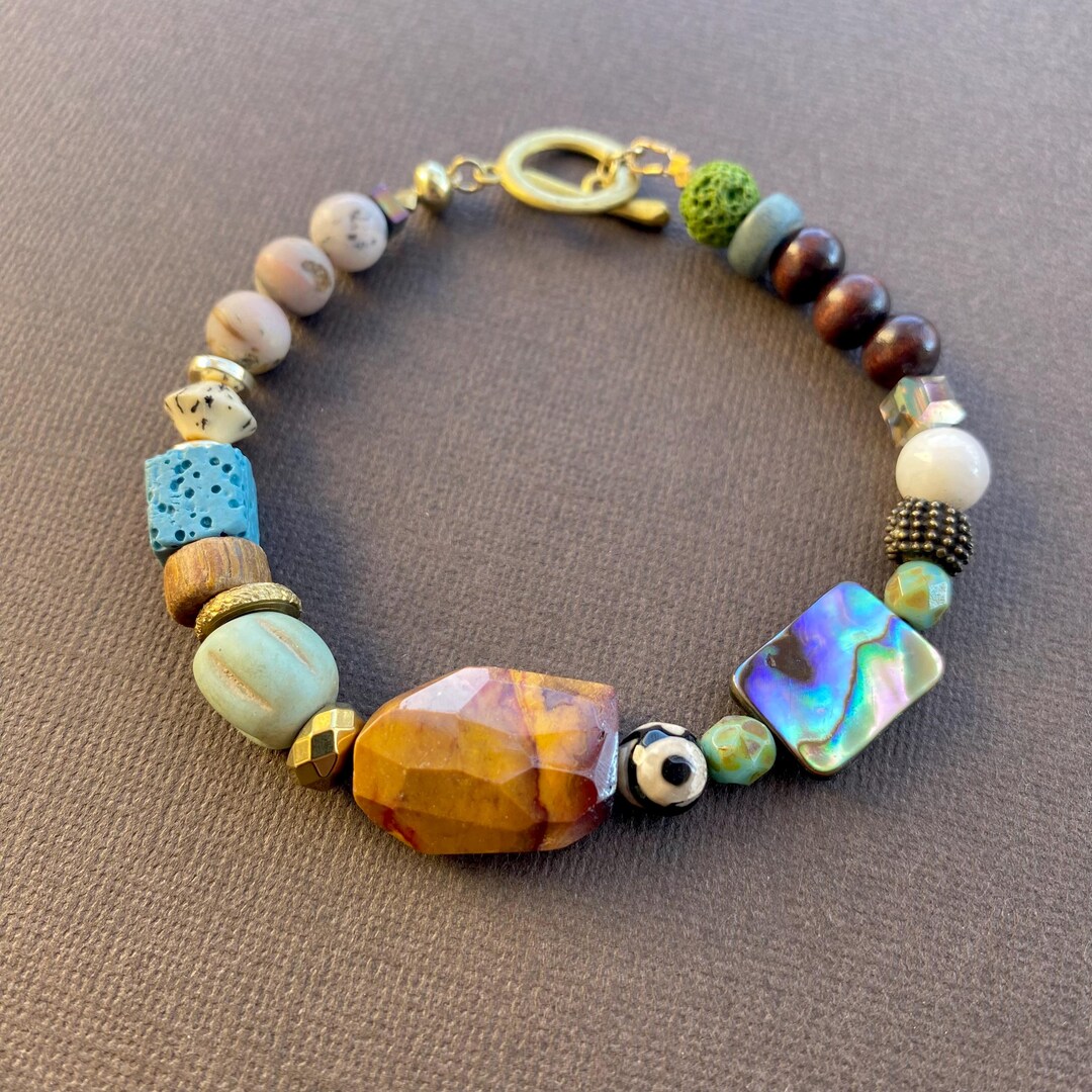 Chunky Gemstone Bracelet: Boho Healing Stone Jewelry, Gold-plated Clasp ...