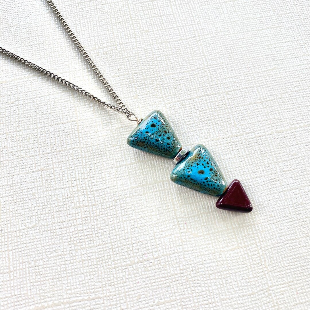 Triangle Pendant Necklace: Bohemian Ceramic & Hematite Healing Jewelry ...