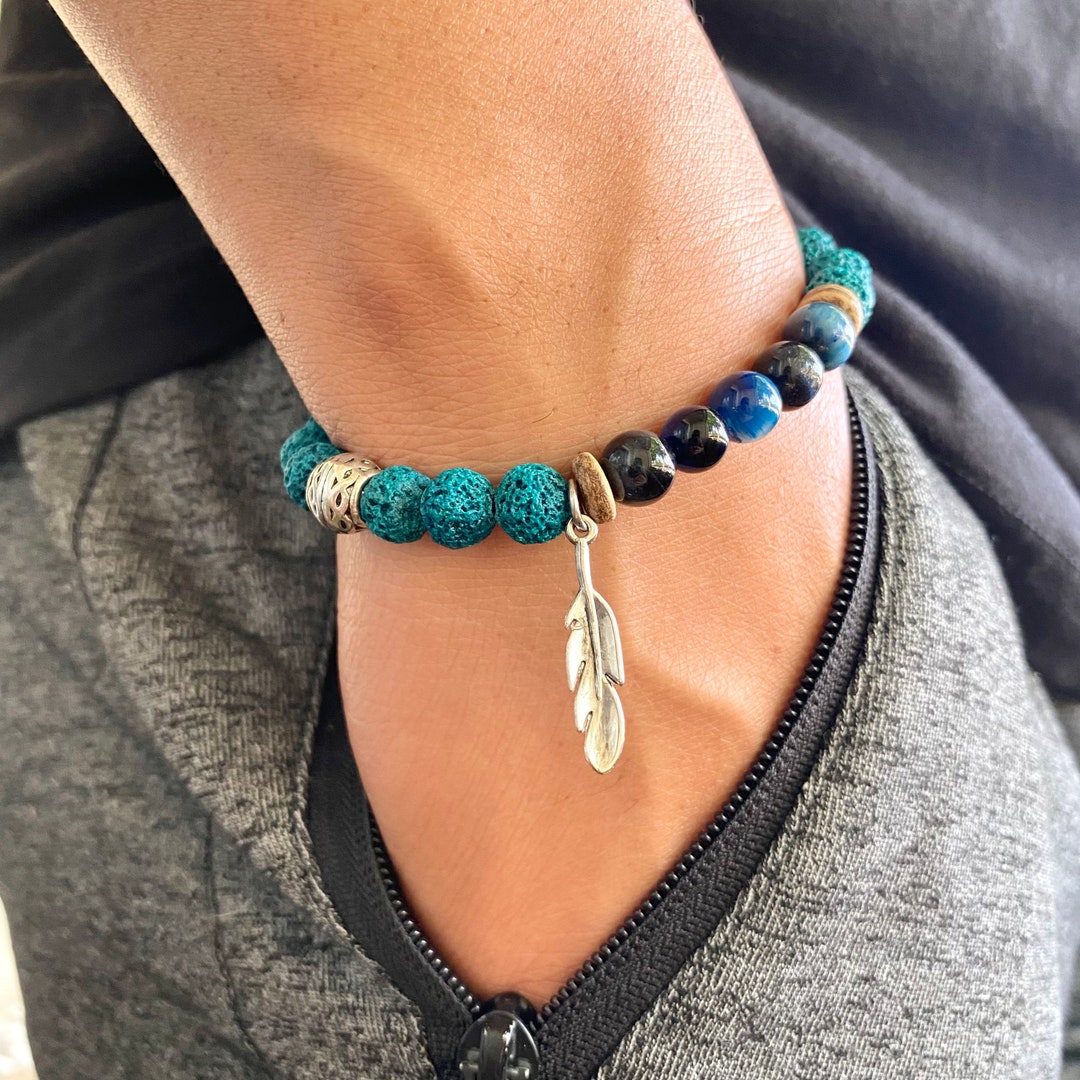 Blue Tiger's Eye Feather Bracelet: Bohemian Style Men's Jewelry - Etsy UK