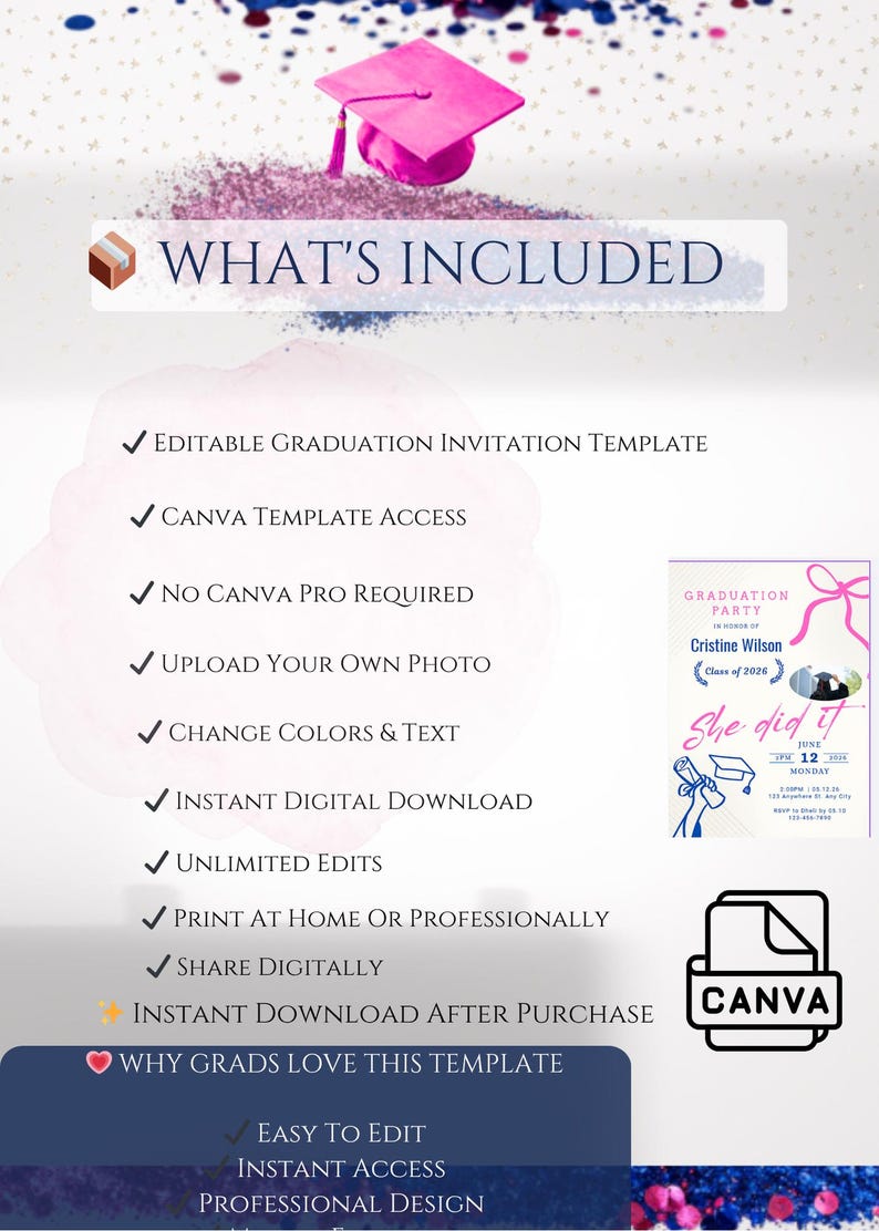 Editable Graduation Invitation Template, Coquette Pink Bow Invite ...