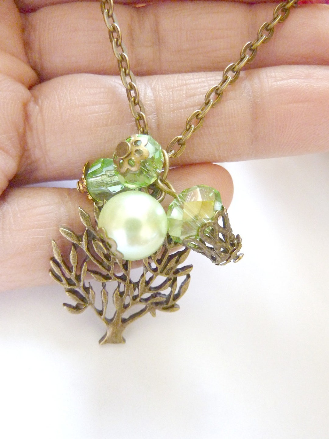 Tree Charm Necklace Vintage Nature Pendant Chain Green Drop Crystal ...