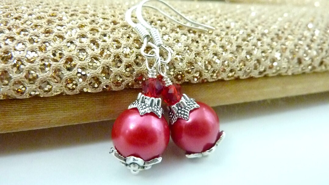 Bridesmaids Earrings Apple Raspberry Red Pearl Earrings Silver and Red ...