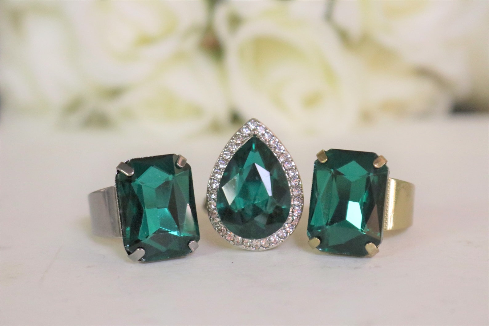 Emerald Green Ring Deep Green Ring Rhinestone Gold and Rose - Etsy