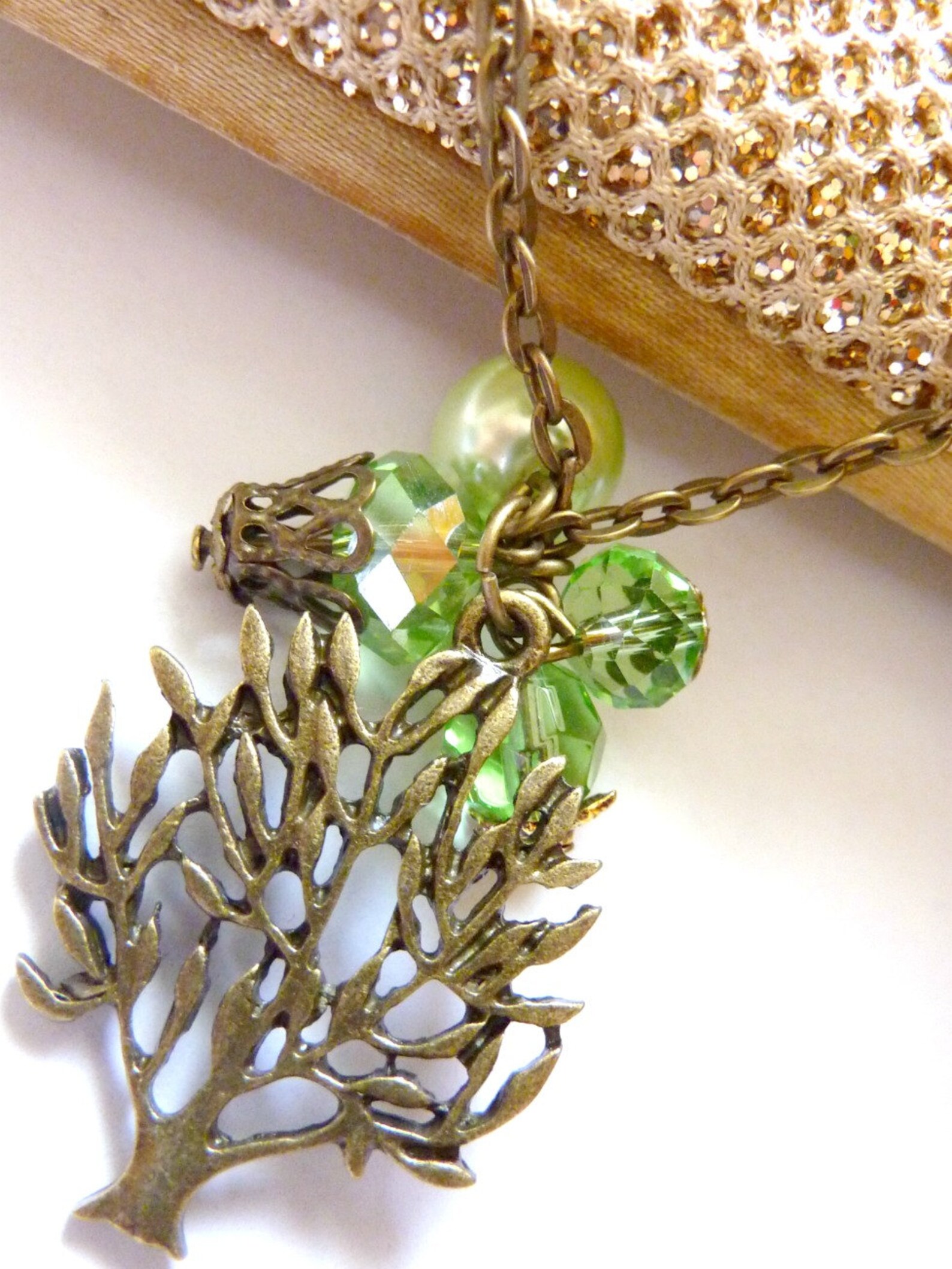 Tree Charm Necklace Vintage Nature Pendant Chain Green Drop - Etsy
