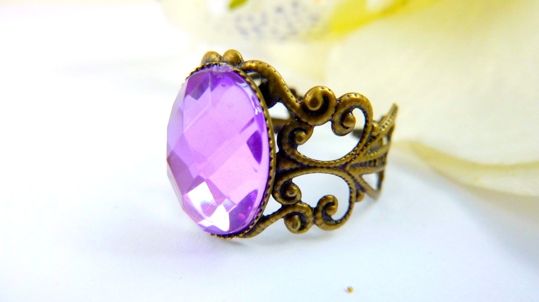 Amethyst Purple Ring Vintage Rhinestone Copper Filigree Adjustable Ring ...