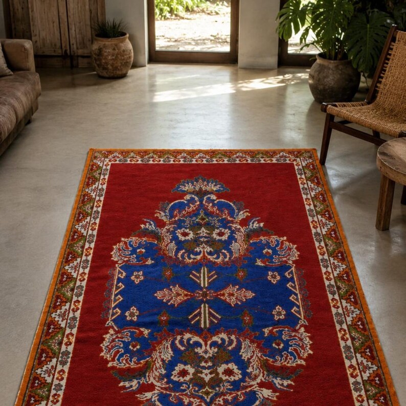 Moroccan Rug Blue and Red, Vintage Handmade Berber Carpet 5x9 Ft, Hand ...