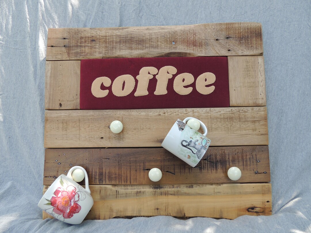 Coffee Cup Rack, Mug Holder, Pallet Wood With Maroon Fabric Inset, Wall ...
