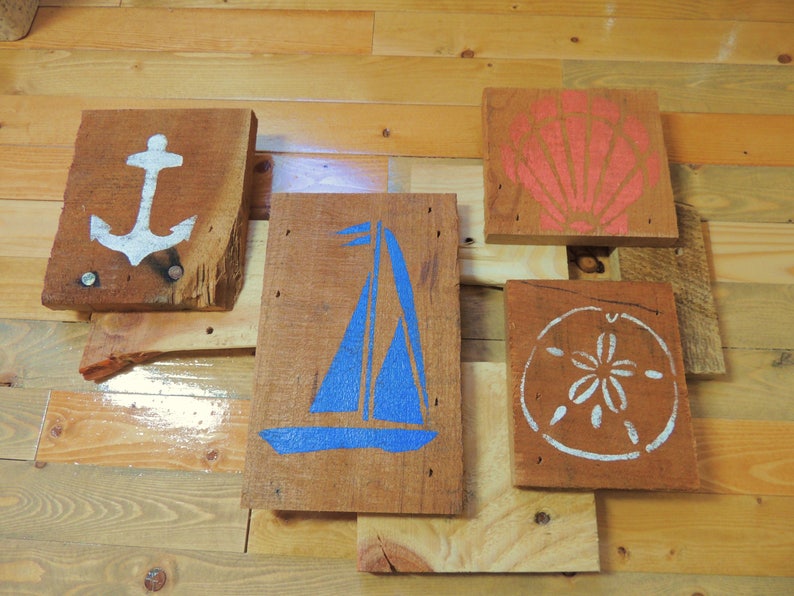 Nautical Beach Rustic Wood Wall Art Sailboat Seashell Ocean Lake Pallet ...