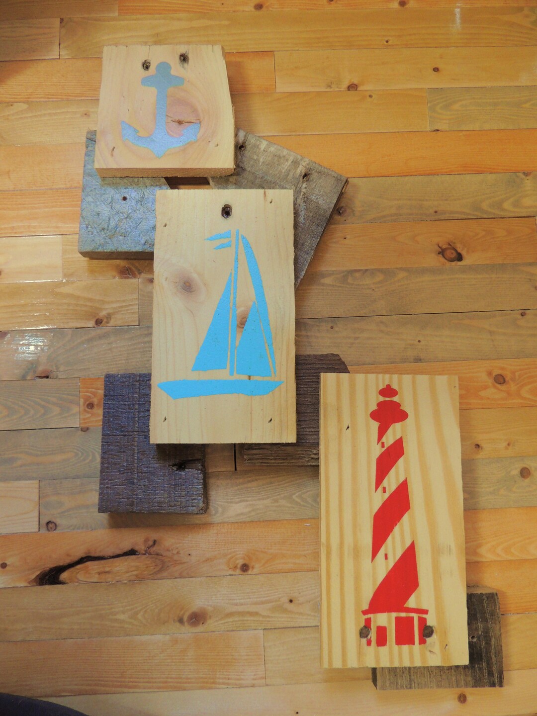 Nautical Beach Rustic Wood Wall Art Sailboat Lighthouse Ocean Lake ...