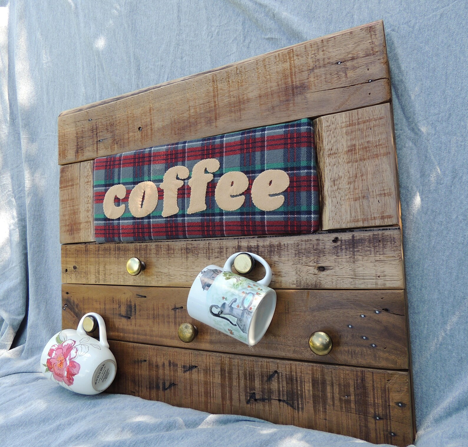 Coffee Cup Rack, Mug Holder, Pallet Wood With Plaid Inset, Wall Hanging ...