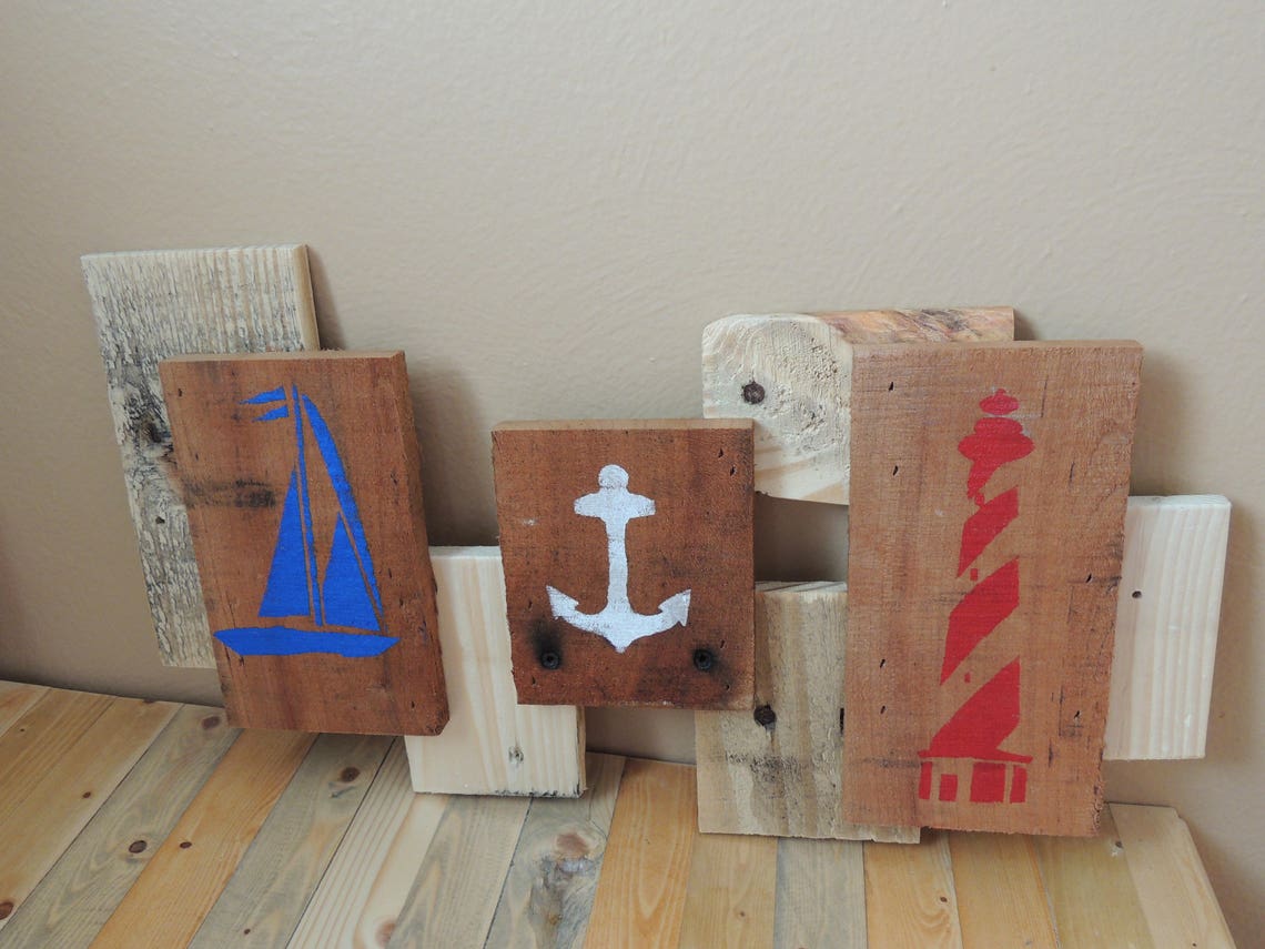 Nautical Beach Rustic Wood Wall Art Sailboat Lighthouse Ocean Lake ...