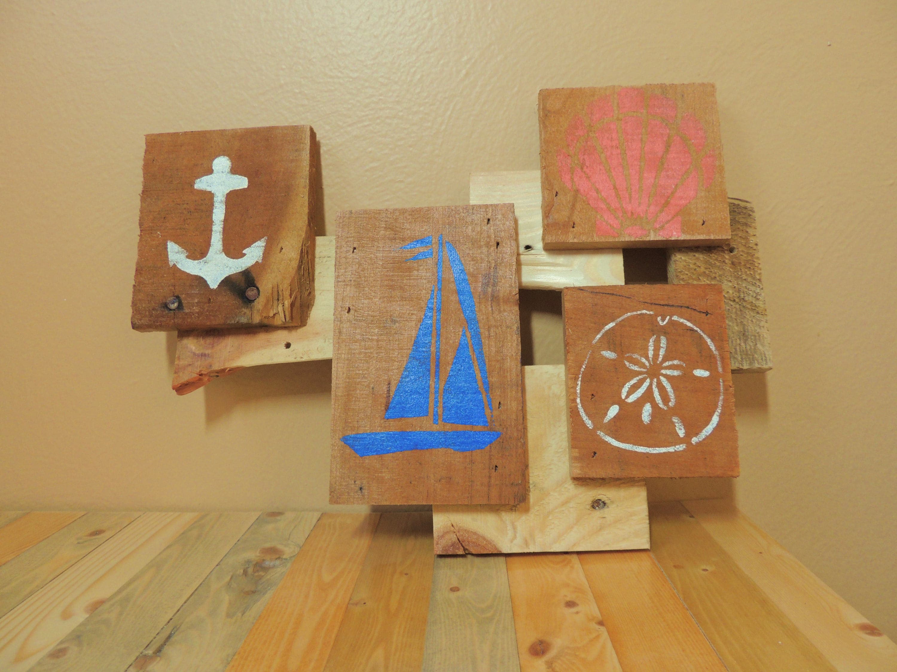 Nautical Beach Rustic Wood Wall Art Sailboat Seashell Ocean Lake Pallet ...
