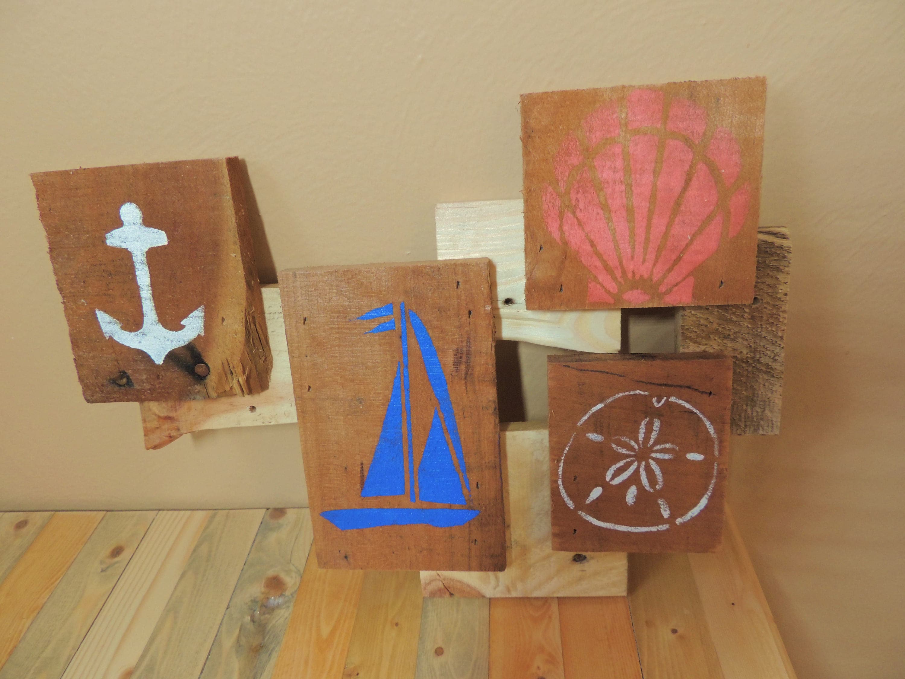 Nautical Beach Rustic Wood Wall Art Sailboat Seashell Ocean Lake Pallet ...