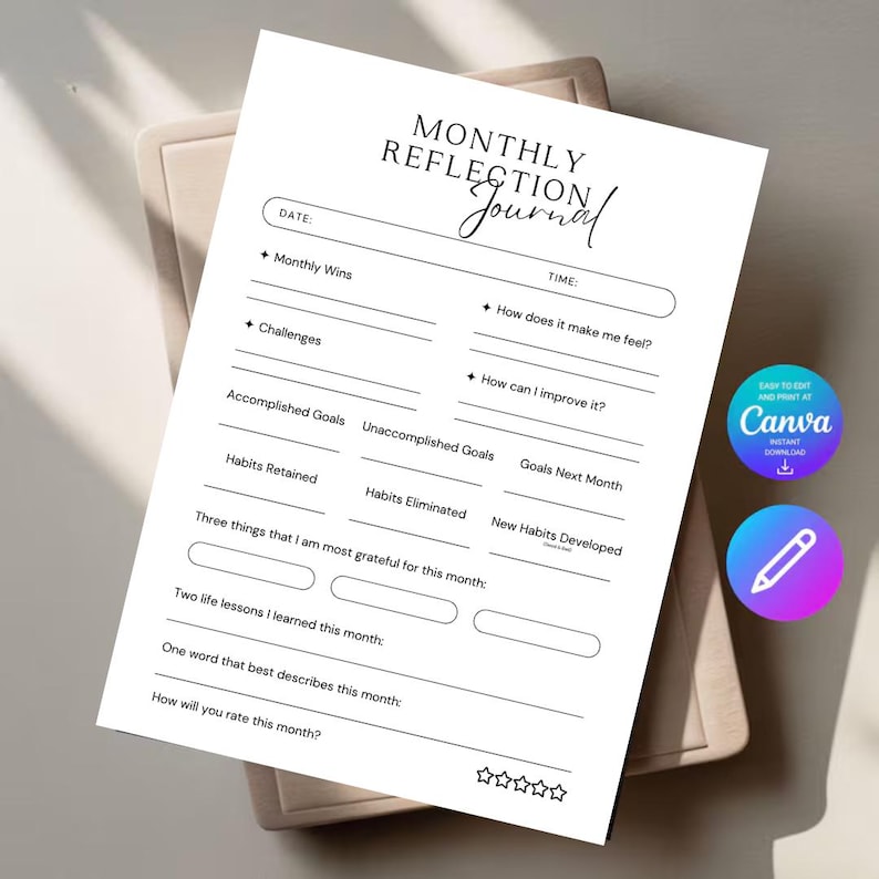 Monthly Reflection Journal Template | Wins Goals Habits Tracker ...