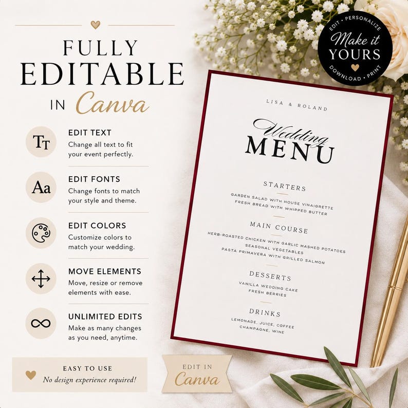 Editable Wedding Menu Template, Modern Minimalist Reception Dinner Card ...
