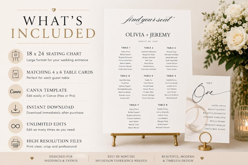 Wedding Seating Chart Template, Minimalist Seating Plan, Editable Canva ...