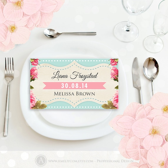 Printable Place Card Instant Download Vintage Teal or Blue & | Etsy