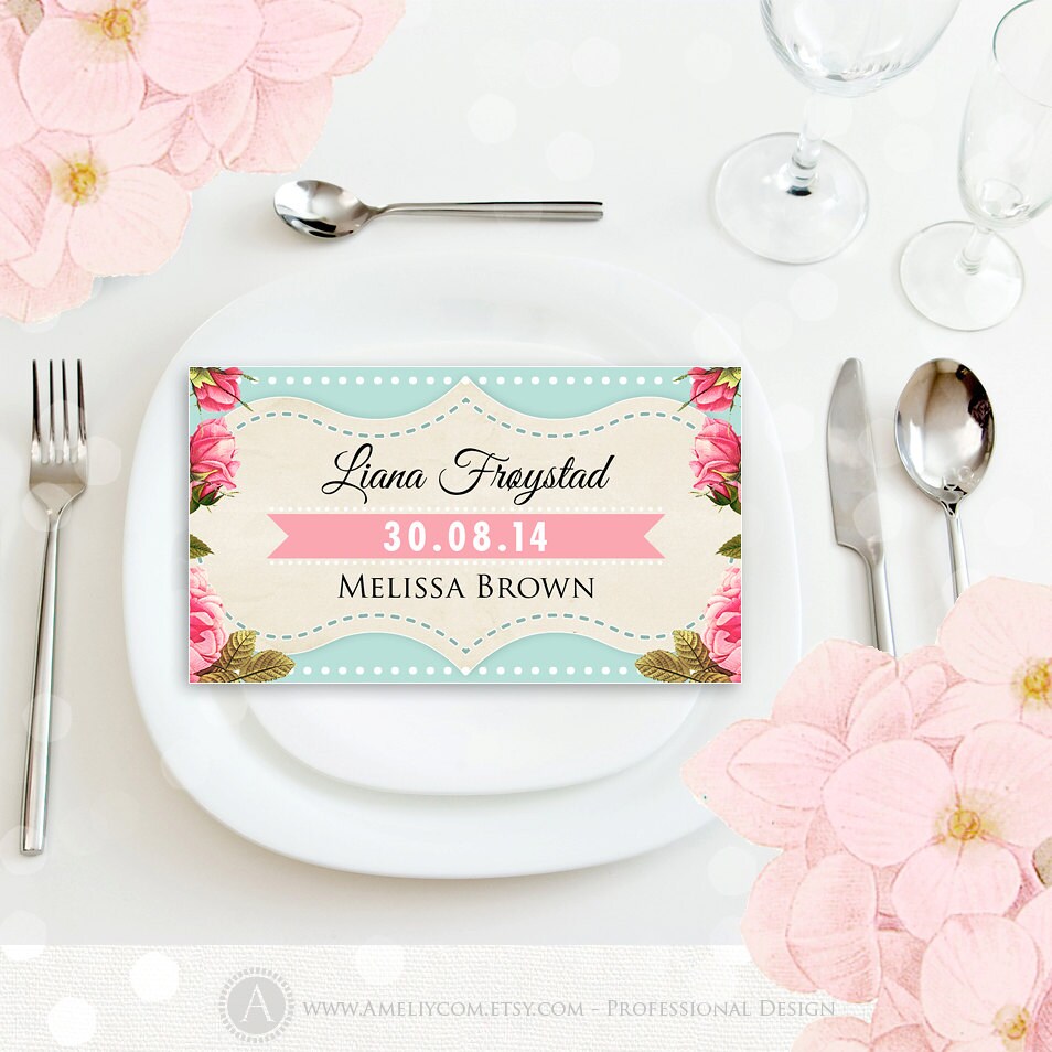 Printable Place Card Instant Download Vintage Teal or Blue & | Etsy