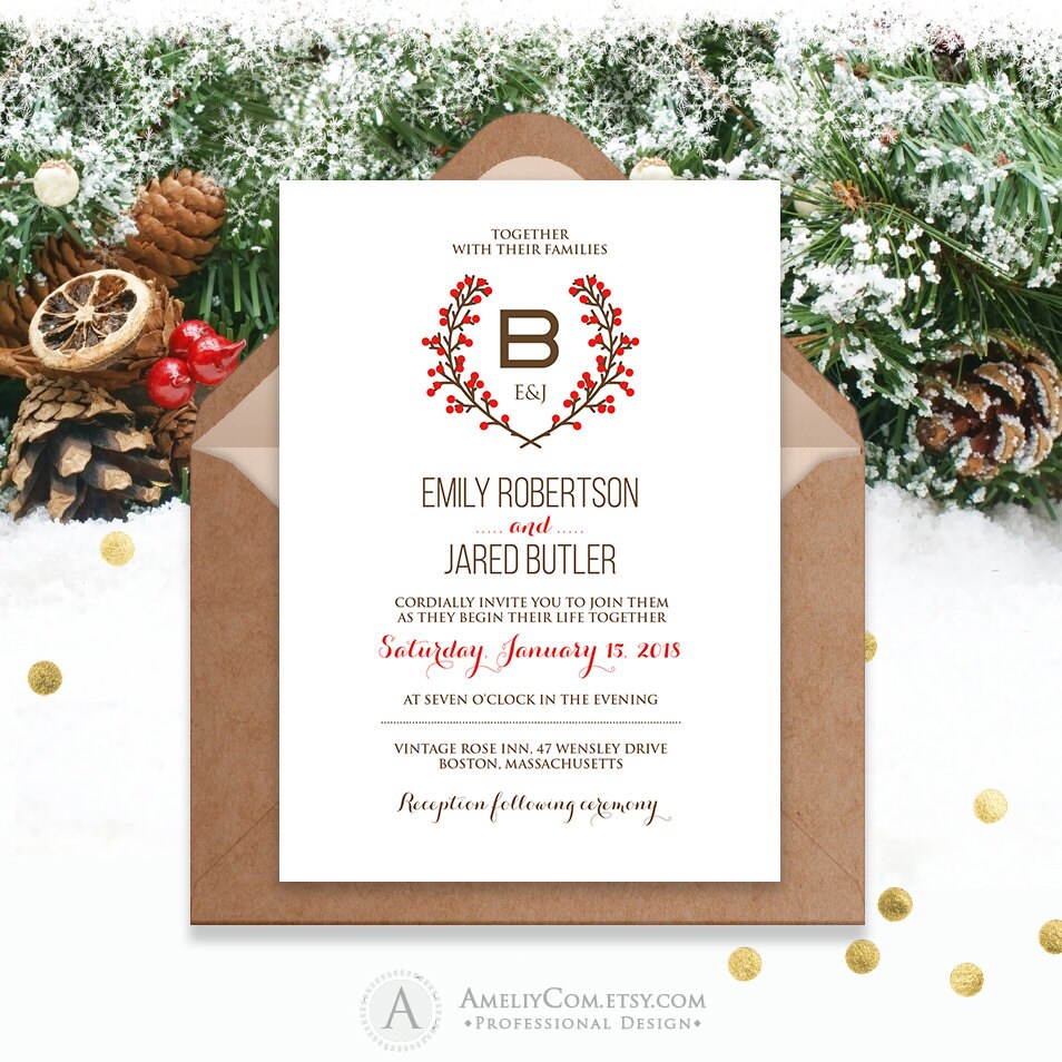 Monogram Wedding Invitation Rustic Winter Printable DOWNLOAD | Etsy