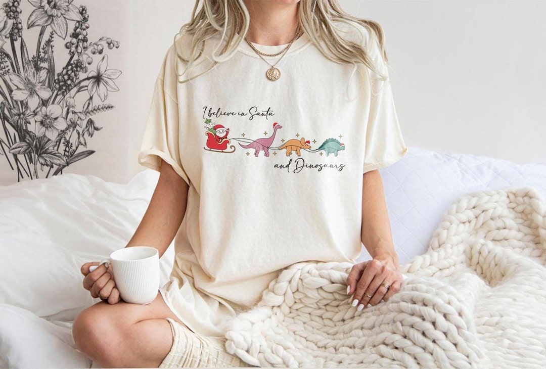 I Believe in Santa and Dinosaurs Shirt, Christmas Snowmobile Santa ...