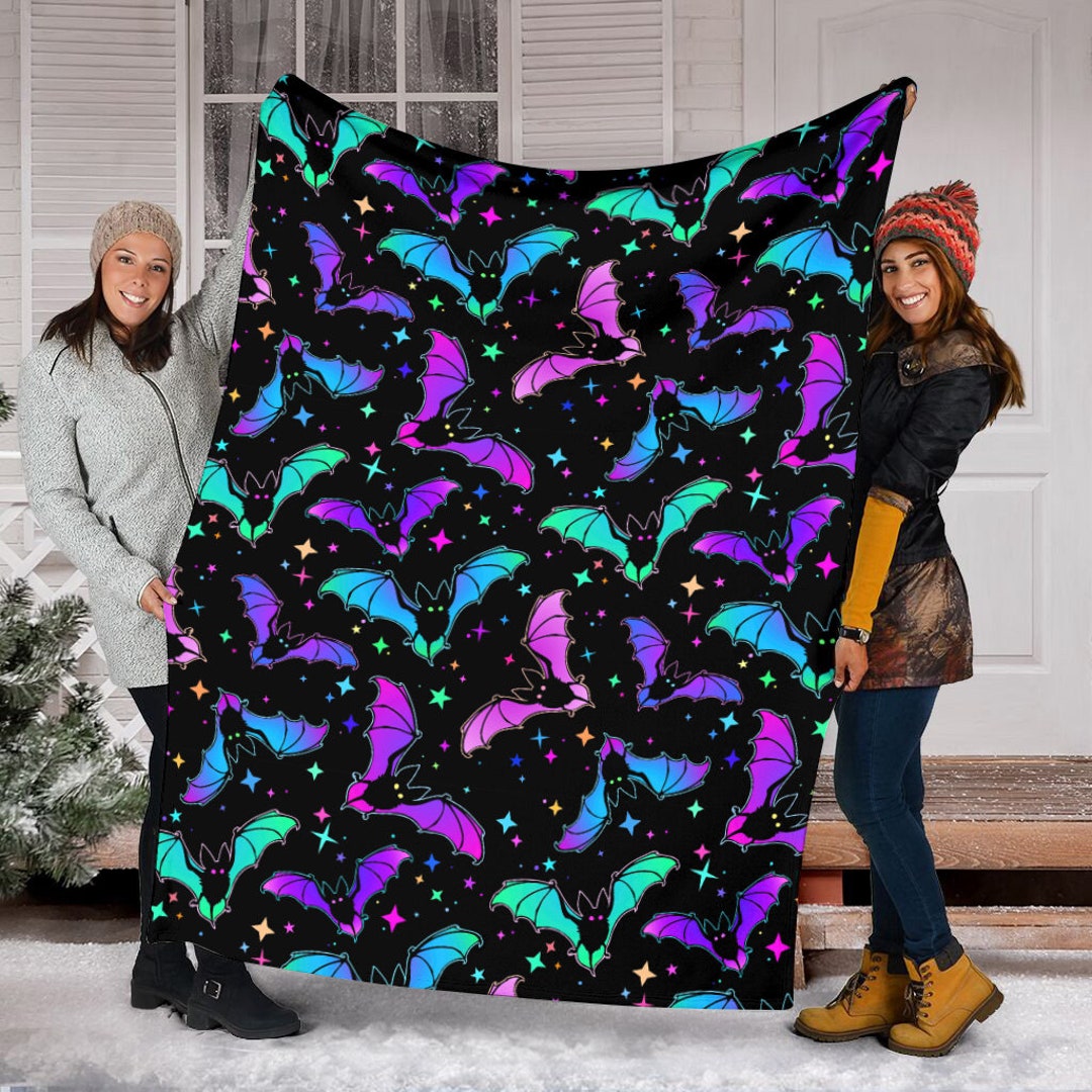 Colorful Bat Blanket, Bats & Stars, Bat Fleece Blanket, Halloween Decor ...
