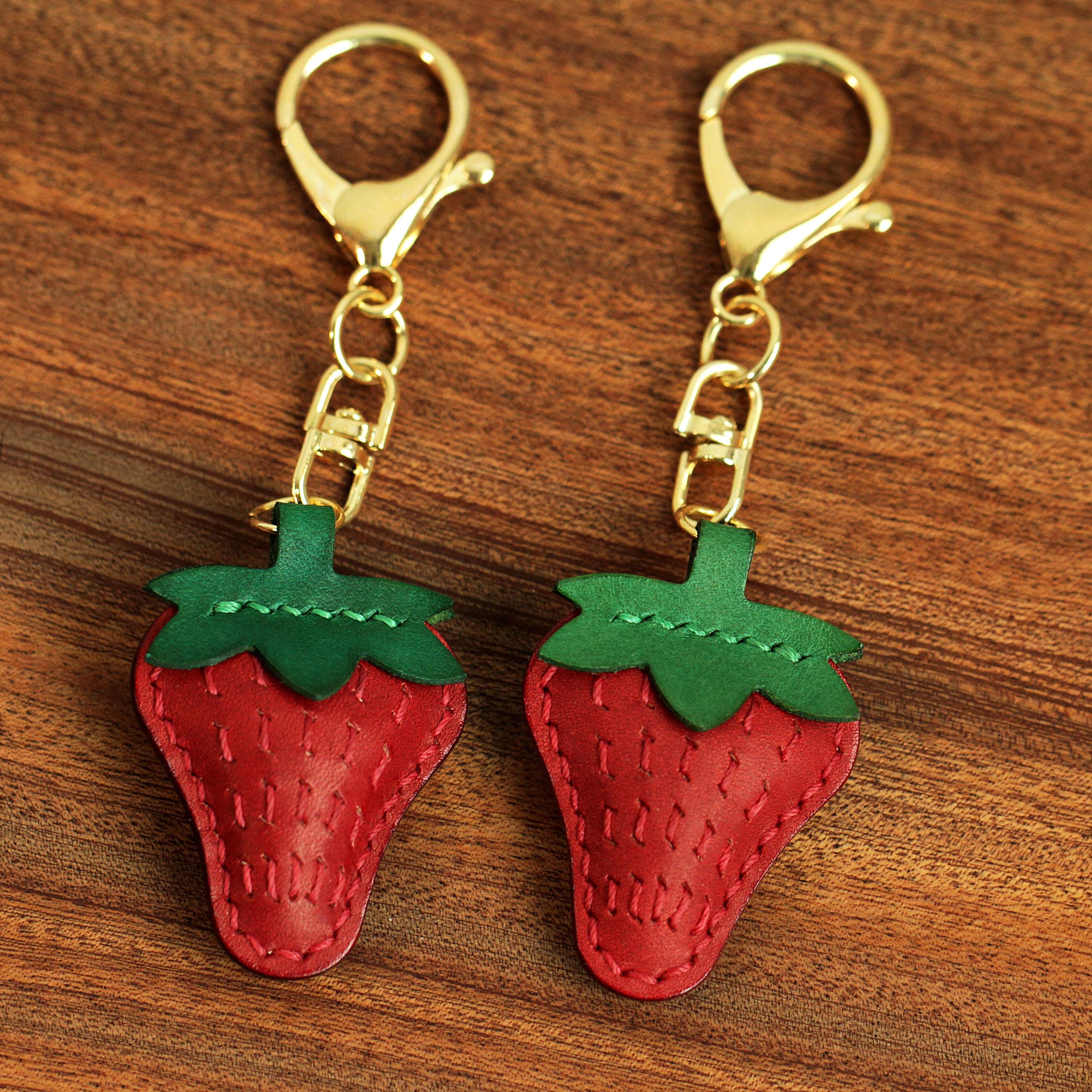 100% Handmade Cute Keychain Leather Strawberry Keychain Bag Charms ，car ...