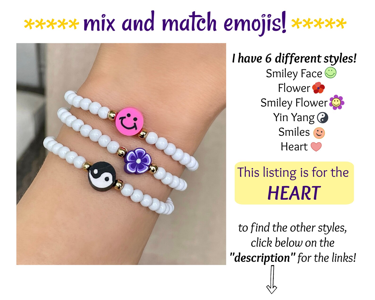 Heart Bead Bracelet Chunky Heart Emoji Bracelets for Kids - Etsy