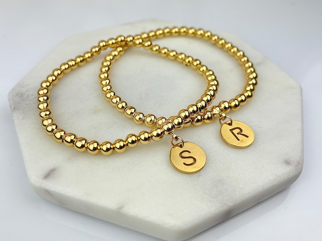 Gold Beaded Initial Bracelet, Custom Charm Bracelet With Letter ...