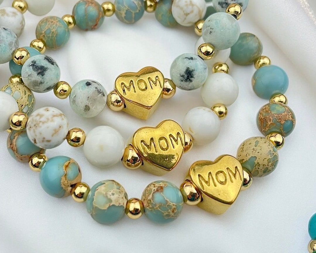 Stretch Beaded Mom Bracelet - Gold Charm Bracelet Gift for Mom - Stone ...