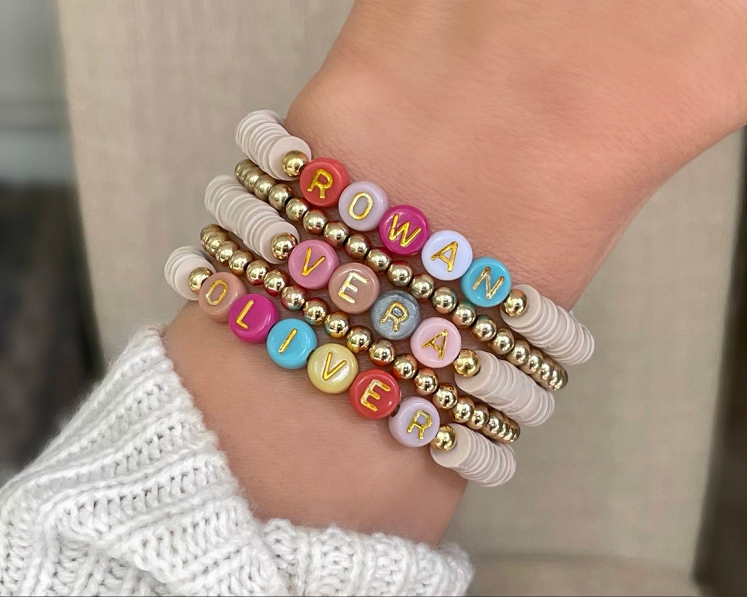 Personalized Colorful Name Bracelets - Custom Word Bracelet Stack ...