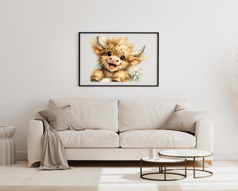 Fluffy Highland Cow Clipart | Whimsical Watercolor Farm Animal PNG ...
