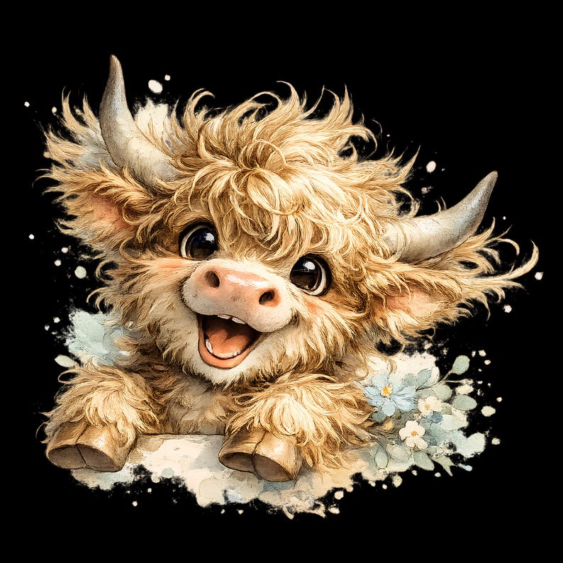 Fluffy Highland Cow Clipart | Whimsical Watercolor Farm Animal PNG ...