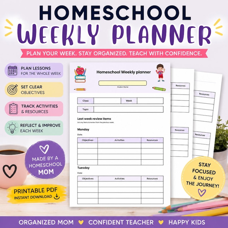 Homeschool Weekly Planner Printable PDF | Lesson Plan Template ...