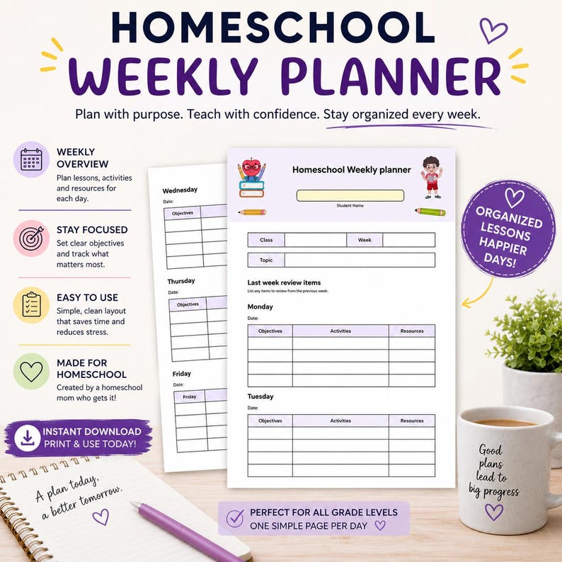 Homeschool Weekly Planner Printable PDF | Lesson Plan Template ...