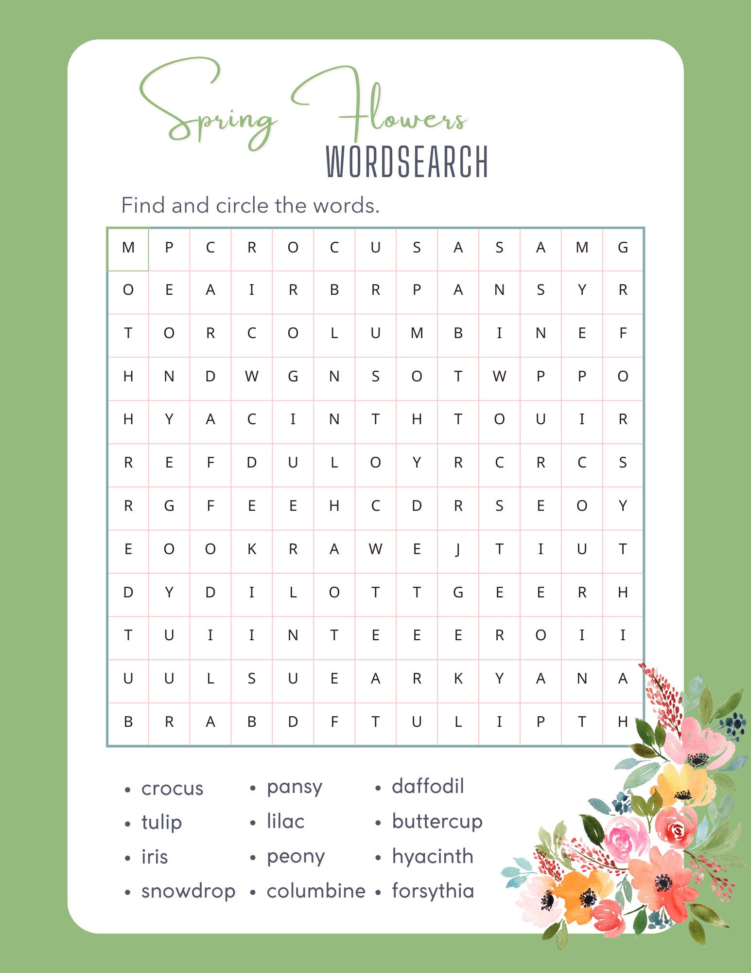 Spring Flower Word Search, Spring Flowers, Word Search, Daffodil, Tulip ...
