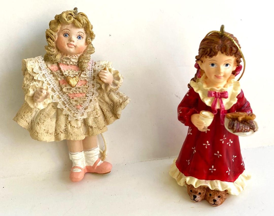 2 Victorian Girls Christmas Ornaments Red Nightgown Milk Cookies Teddy ...