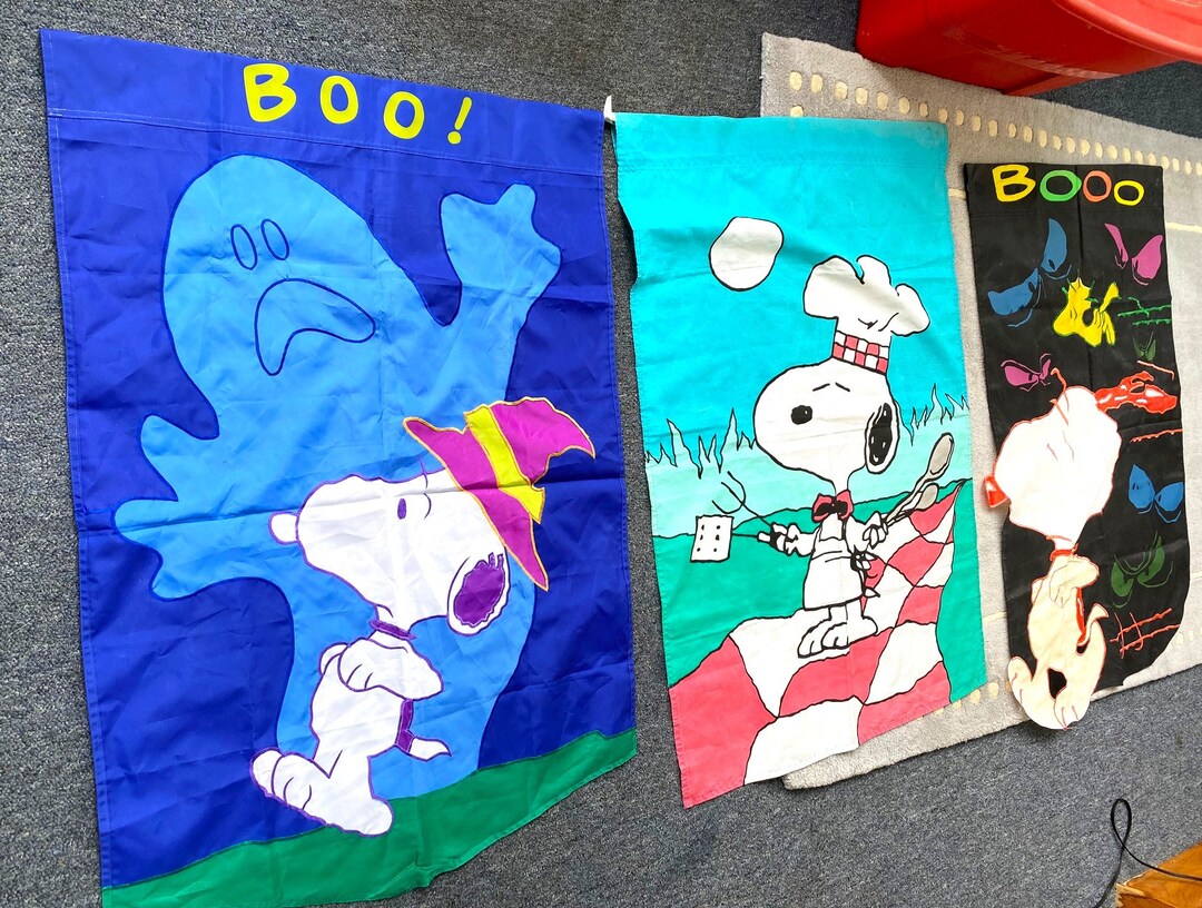 Set of 3 Vintage Snoopy Porch Flags Large Peanuts Halloween Boo Ghost ...
