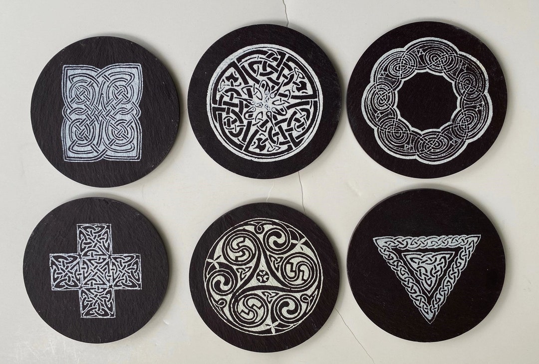 Celtic Coasters Vintage Set of 6 Ancient Irish Symbols Ailm Knot Cross ...