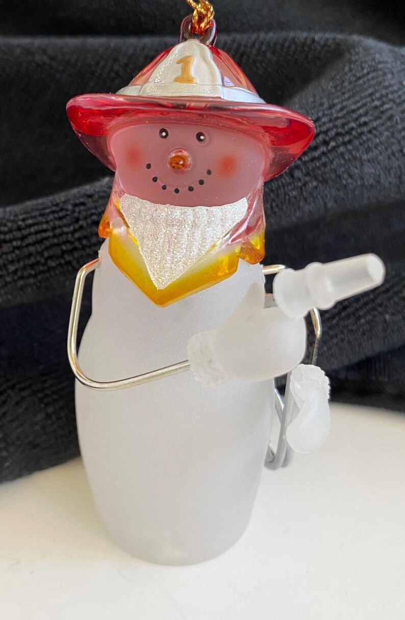 Frosted Glass Fireman Firefighter Snowman Christmas Ornament Vintage ...