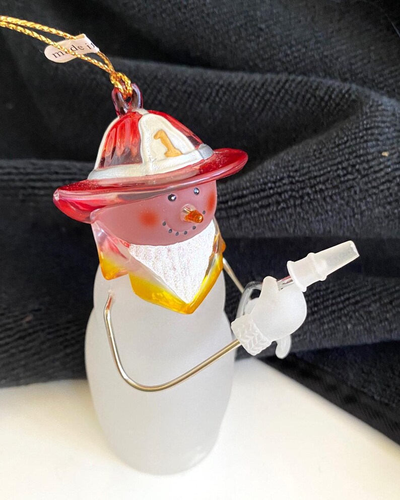Frosted Glass Fireman Firefighter Snowman Christmas Ornament Vintage ...