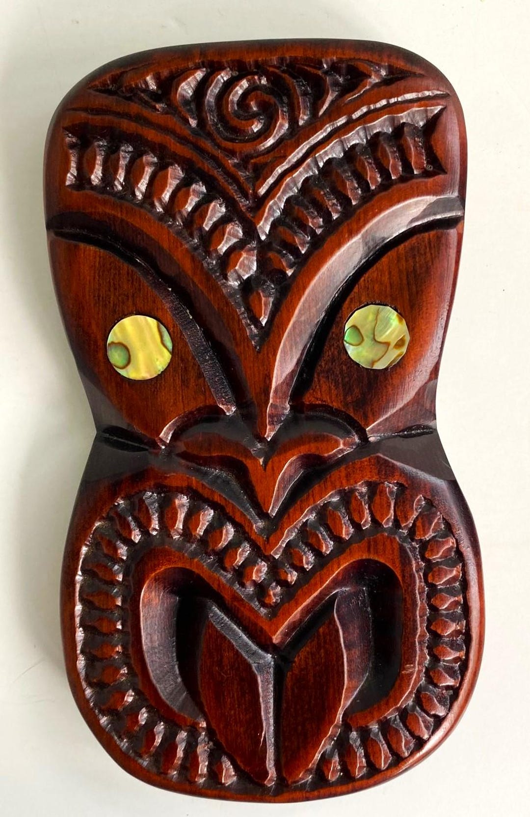 Vintage Rare New Zealand Tiki Maori Hand Carved Wood Head Paua Shell ...