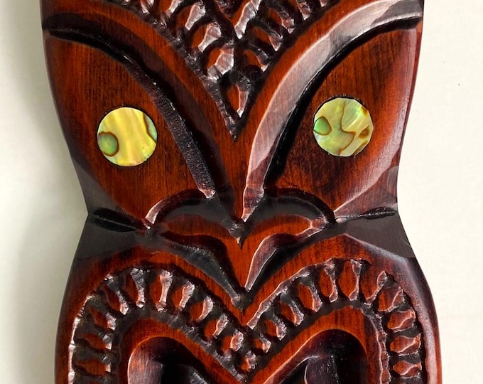 Vintage Rare New Zealand Tiki Maori Hand Carved Wood Head Paua Shell ...