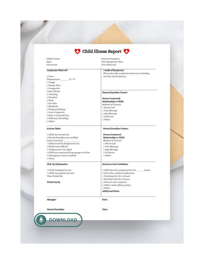 Child Illness Report Form Printable Daycare Sick Child Documentation ...
